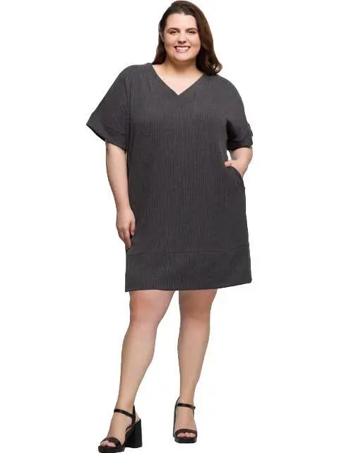 24SEVEN COMFORT APPAREL V-neck Mini T-shirt Dress - Black