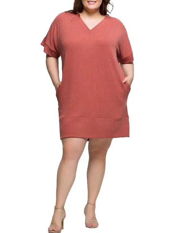 24SEVEN COMFORT APPAREL V-neck T-shirt Dress With Pockets - Brick