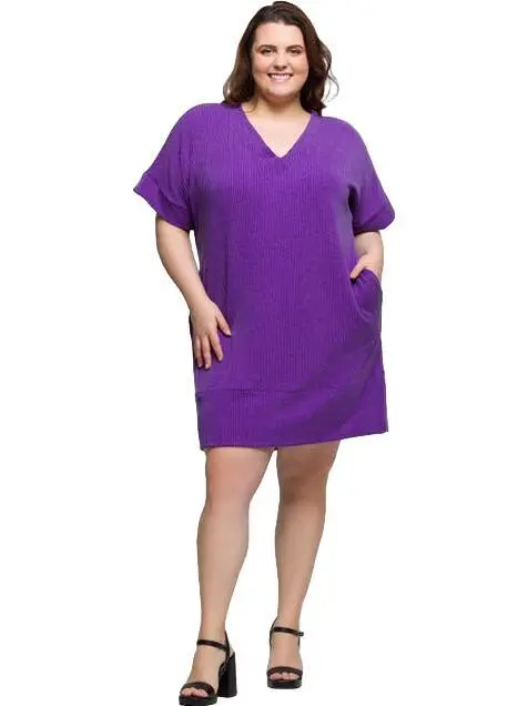 24SEVEN COMFORT APPAREL V-neck Mini T-shirt Dress - Purple