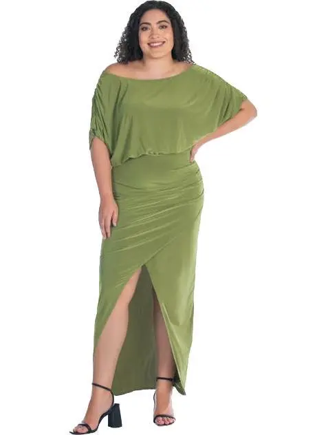 24SEVEN COMFORT APPAREL Boat Neck Batwing Sleeve Slit Maxi Dress - Avocado