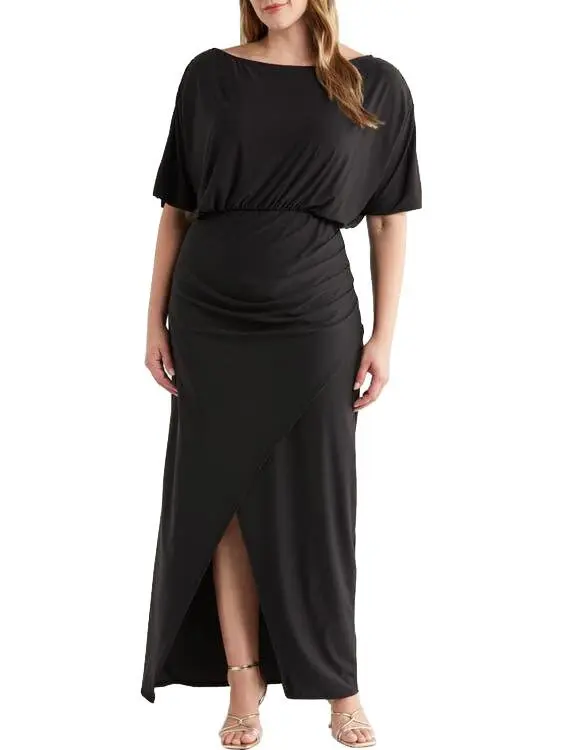 24SEVEN COMFORT APPAREL One-shoulder Batwing Sleeve Jersey Maxi Dress With Front Slit - Black