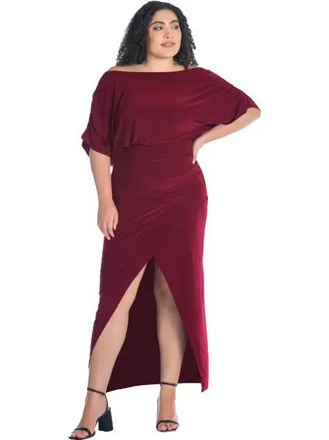 24SEVEN COMFORT APPAREL Boat Neck Batwing Sleeve Slit Maxi Dress - Burgundy
