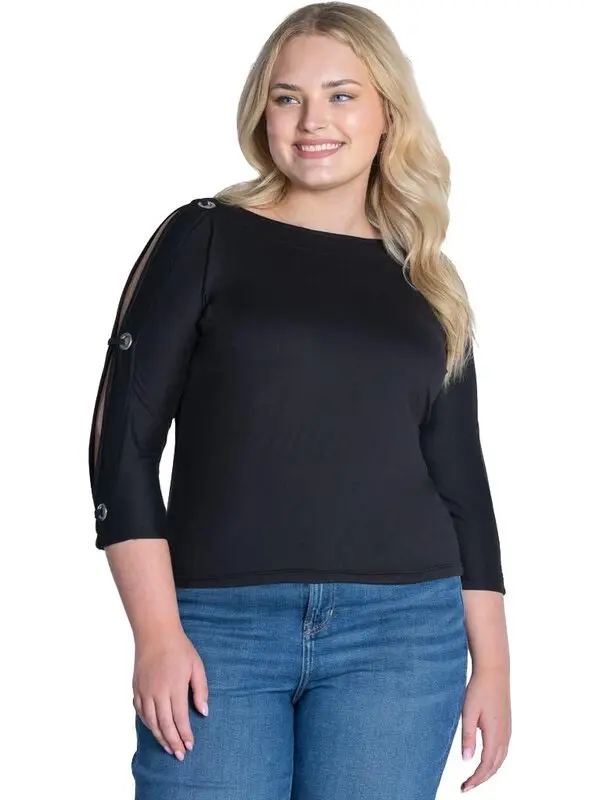 24SEVEN COMFORT APPAREL Three Quarter Sleeve Boatneck Cold Shoulder Top - Black