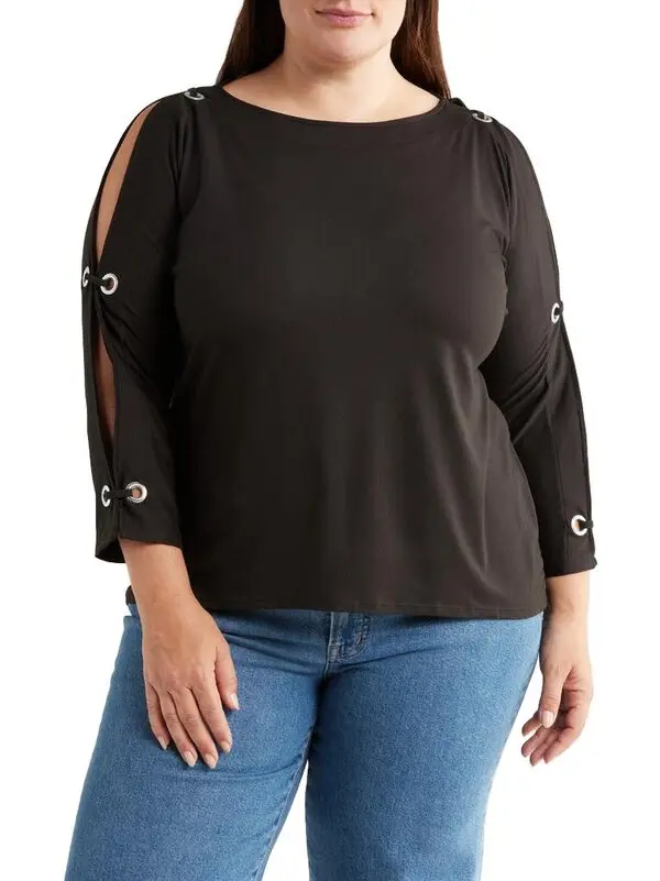 24SEVEN COMFORT APPAREL Grommet Cold Shoulder Jersey Top - Black