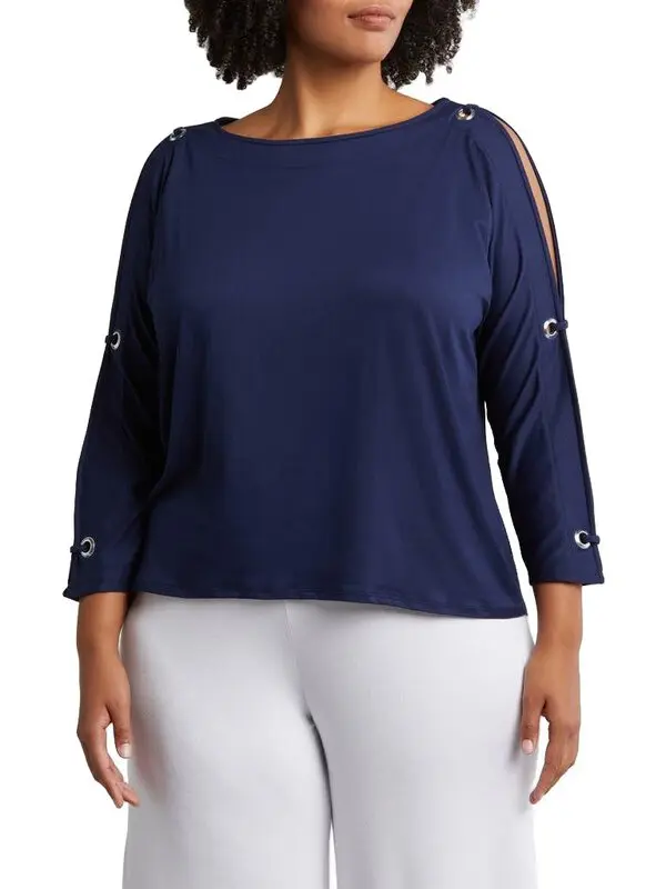24SEVEN COMFORT APPAREL Grommet Cold Shoulder Jersey Top - Navy