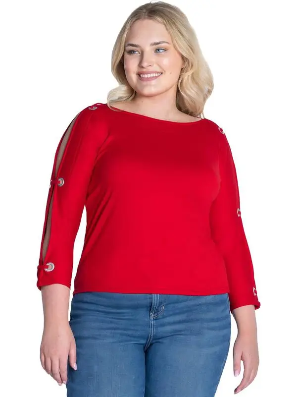 24SEVEN COMFORT APPAREL Three Quarter Sleeve Boatneck Cold Shoulder Top - Red