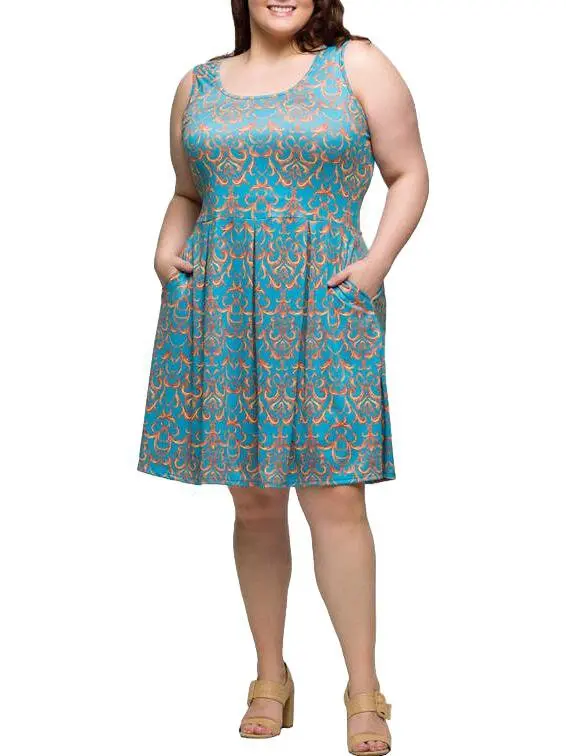 24SEVEN COMFORT APPAREL Filigree Print Fit & Flare Dress - Blue Multi