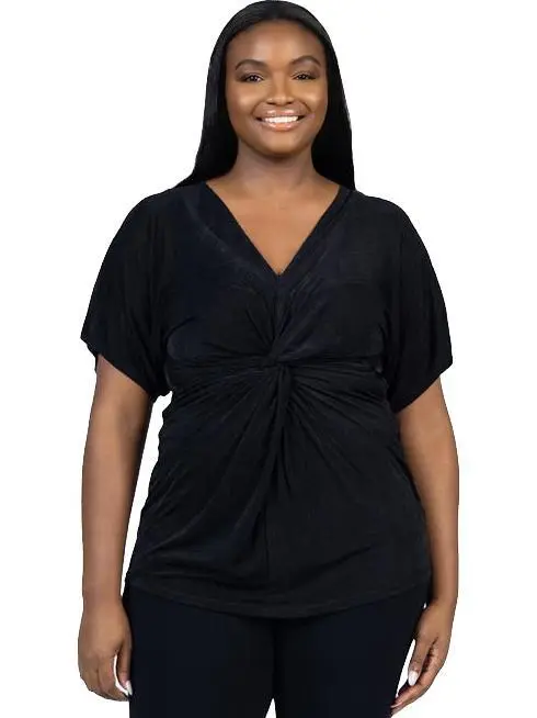 24SEVEN COMFORT APPAREL V-neck Cap Sleeve Top With Knot Detailing - Black
