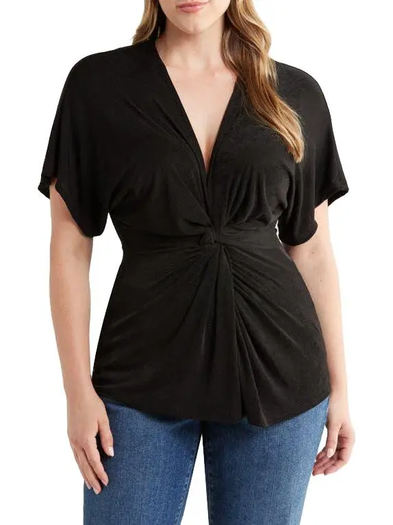 24SEVEN COMFORT APPAREL V-neck Cap Sleeve Top With Knot Detailing - Black
