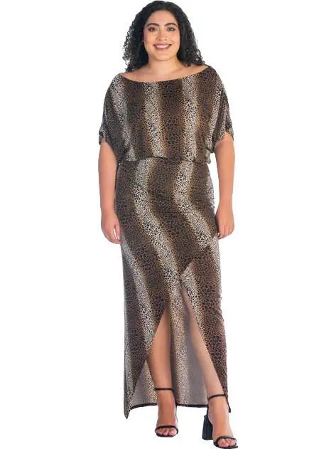 24SEVEN COMFORT APPAREL Boat Neck Batwing Sleeve Slit Maxi Dress - Brown Multi