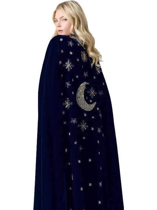 LE FAFO Luna Velvet Embellished Cape - Navy
