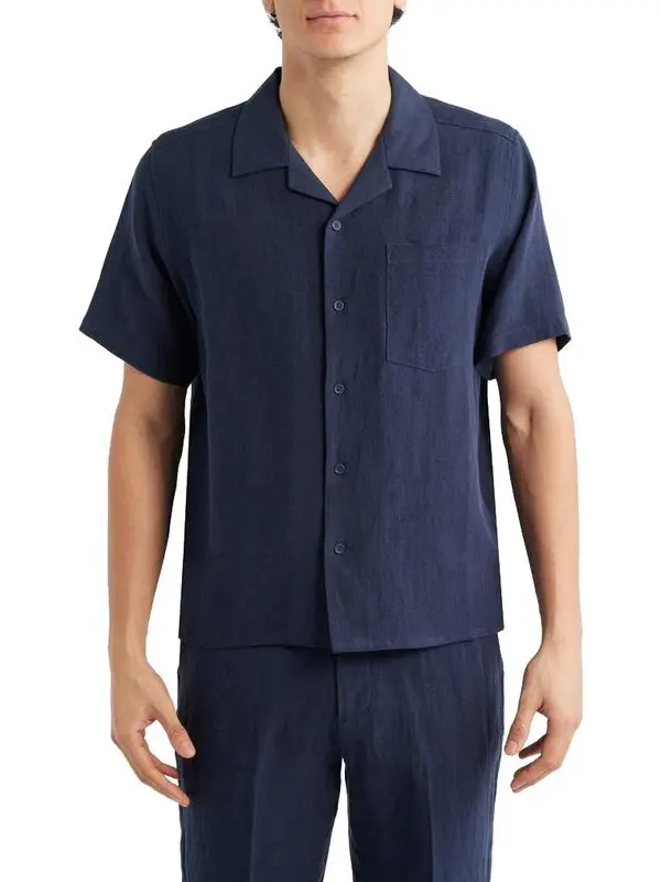 PERCIVAL Cuban Linen Camp Shirt - Navy
