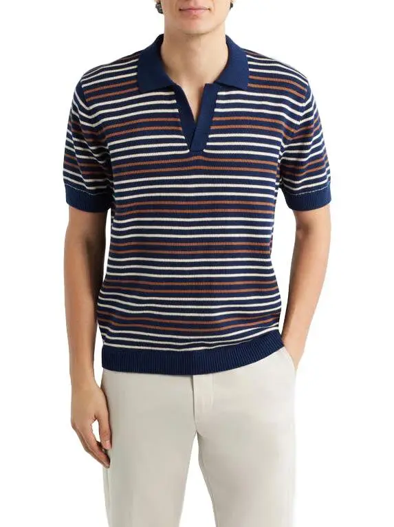PERCIVAL Douglas Stripe Johnny Collar Polo - Navy