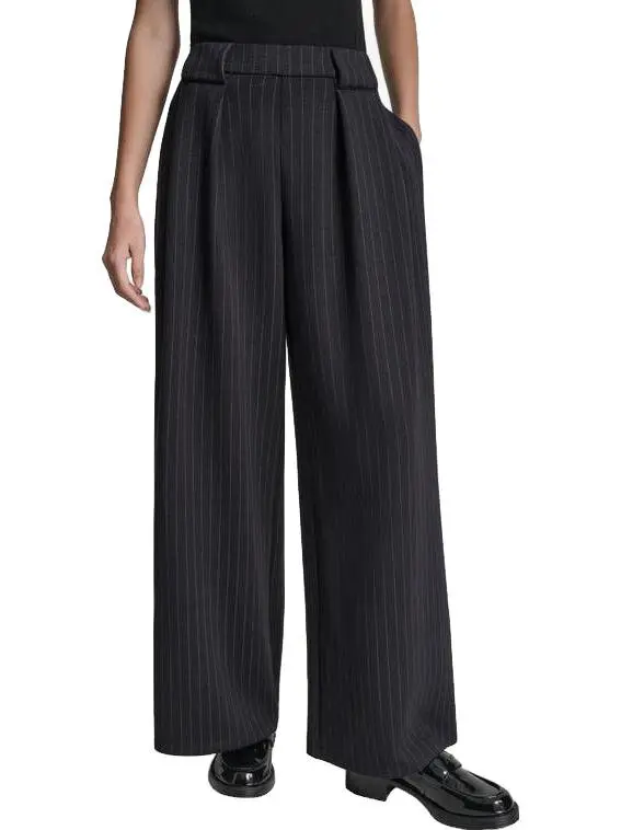 Dkny Pinstriped Pleat Front Wide Leg Pants - Black Pinstripe