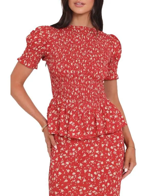 PETAL & PUP Floral Smocked Peplum Top - Red Floral