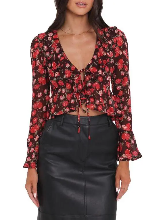 PETAL & PUP Aveline Ruffle Tie-front Chiffon Top - Brown Floral