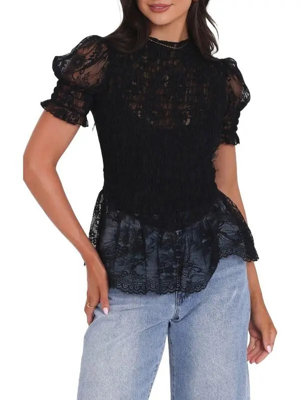 PETAL & PUP Adeline Smocked Peplum Lace Top - Black