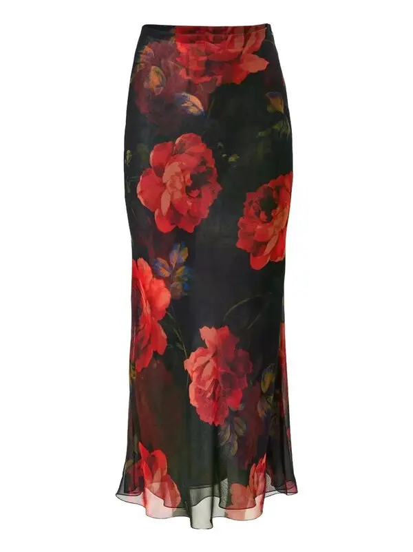Carolina Herrera Rose-print Chiffon Midi Slip Skirt - Black