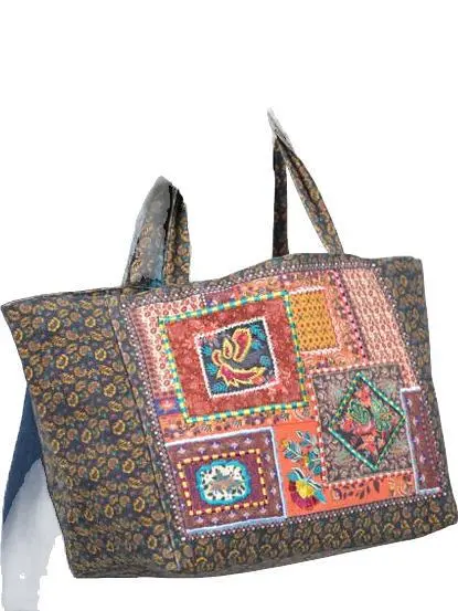 Vismaya Folklore Garden Patchwork Tote Bag - Black