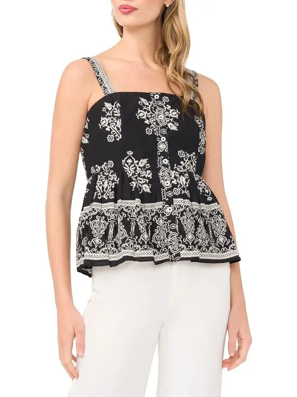 CECE DUPRAZ Printed Ruffle Hem Sleeveless Top - Rich Black