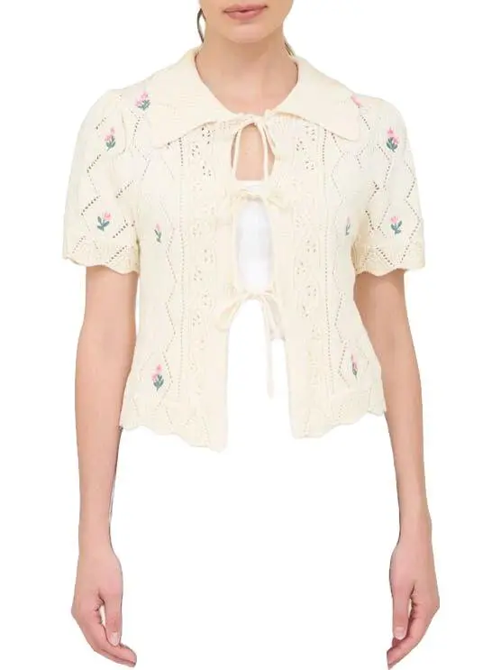 ZOE AND CLAIRE Floral Tie-front Cardigan - Cream