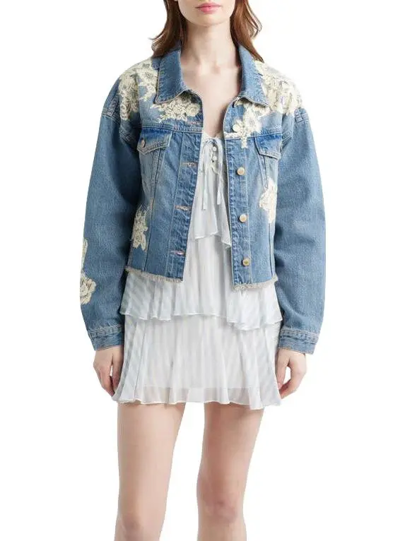 LoveShackFancy Amana Lace Patch Denim Jacket - Faded Blue