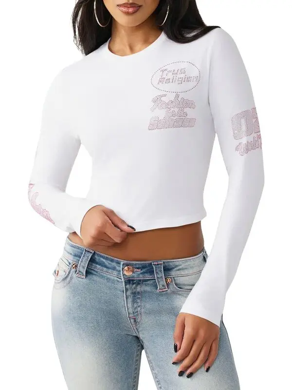 True Religion Sporty Crystal Logo Graphic Long Sleeve T-shirt - White/pink