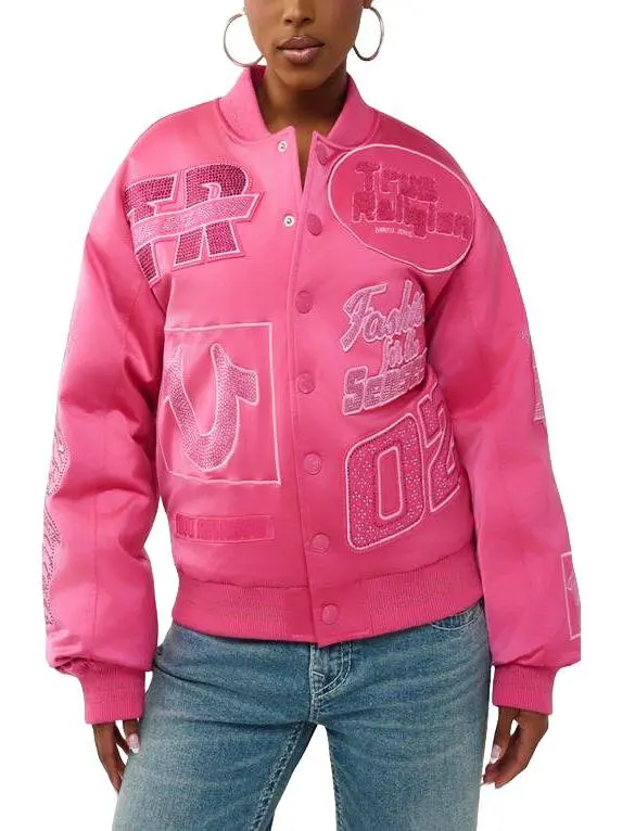 True Religion Rhinestone Embellished Logo Bomber Jacket - Magenta