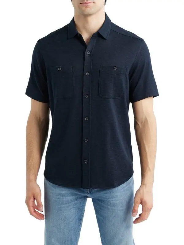 Johnston & Murphy Riley Knit Short Sleeve Button-up Shirt - Navy