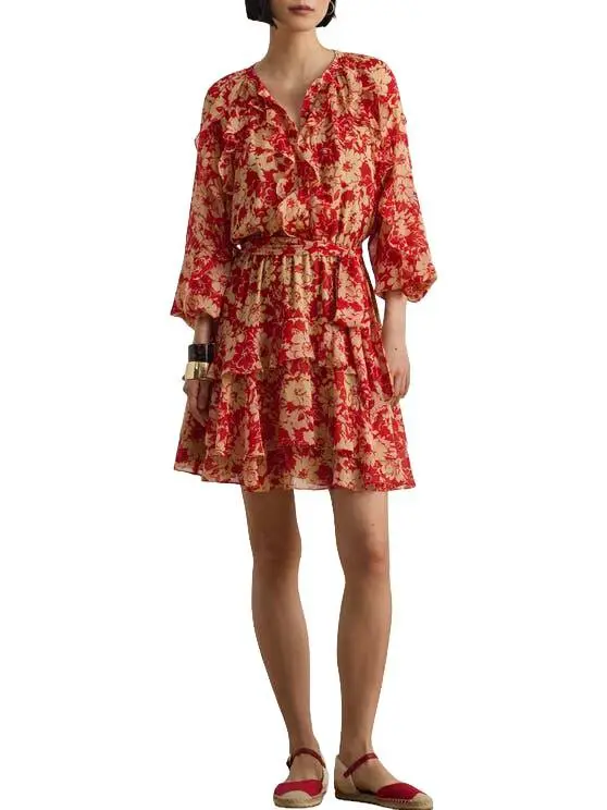 Ralph Lauren Printed Ruffle Trim Georgette Tiered Dress - Red/beige