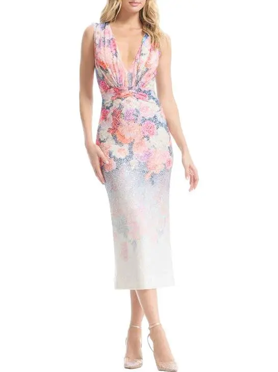 Dress The Population Gretchen Sequin Floral Cocktail Midi Dress - White Multi
