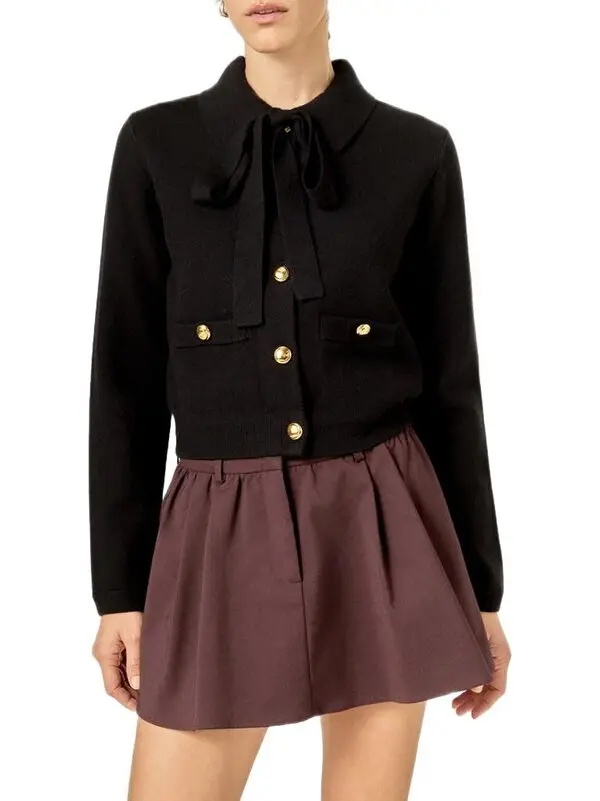 English Factory Detachable Bow Cardigan - Black