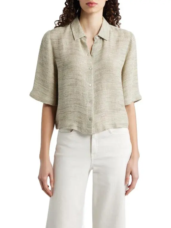 Eileen Fisher Short Sleeve Organic Linen Blend Button-up Shirt - Natural White