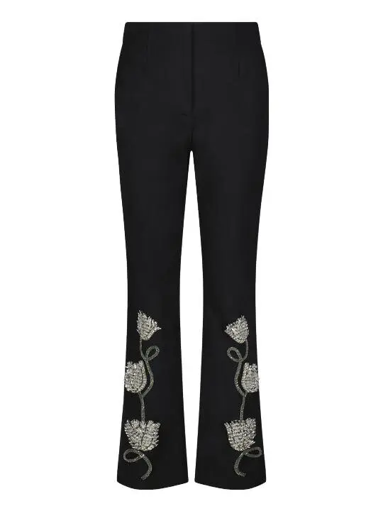 Lela Rose Tulip Crystal Embroidered Kick Flare Pants - Black