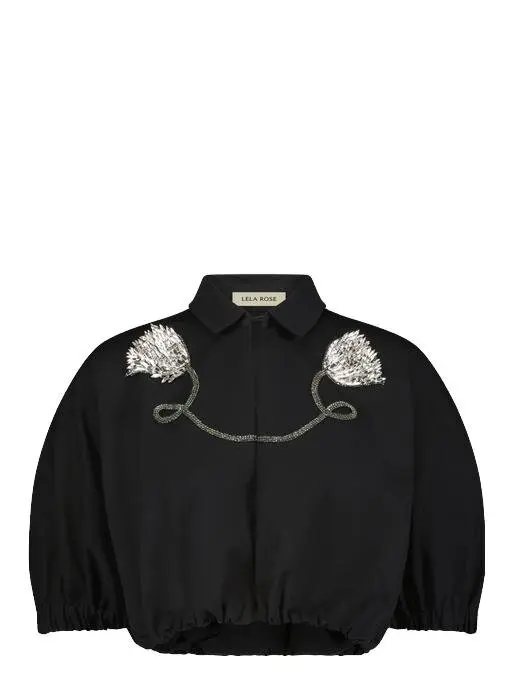 Lela Rose Tulip Crystal Embroidered Top - Black