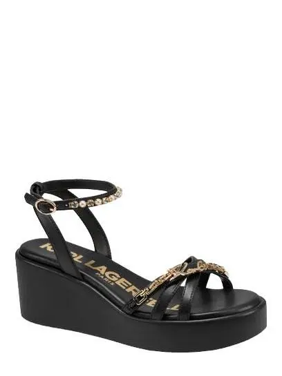 Karl Lagerfeld Paris Ankle Strap Wedge Sandal - Black