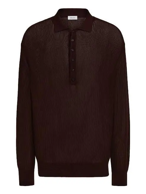 FERRAGAMO Long Sleeve Knitted Silk Polo Shirt - Natural