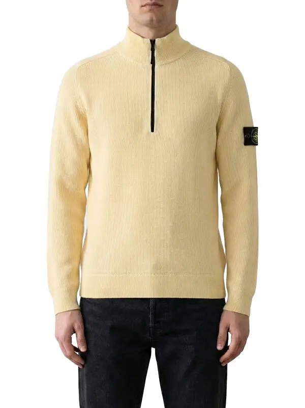 Stone Island Cotton Knit Sweater With Quarter Zip And Ribbed Finishes - Beige