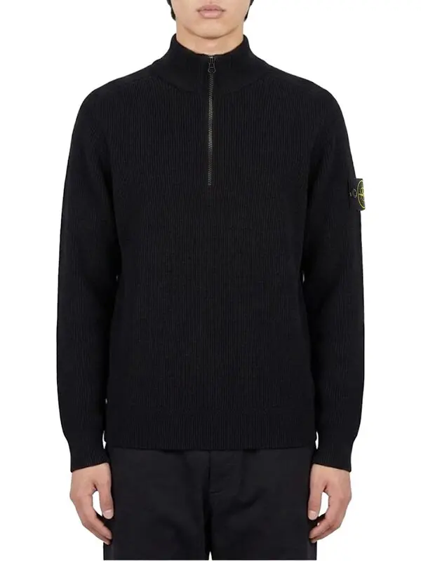 Stone Island Cotton Knit Sweater With Quarter Zip And Ribbed Finishes - Black