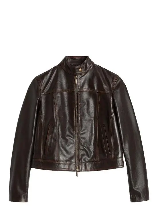 7 For All Mankind Cropped Leather Biker Jacket - Brown