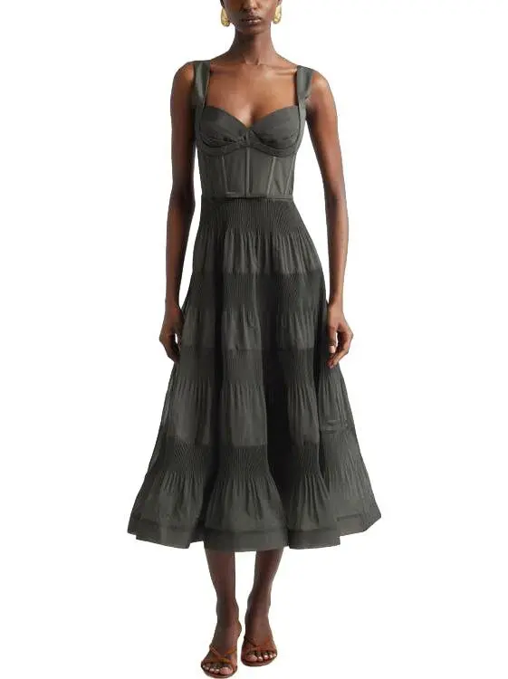 Zimmermann Pleated Corset Midi Dress - Olive