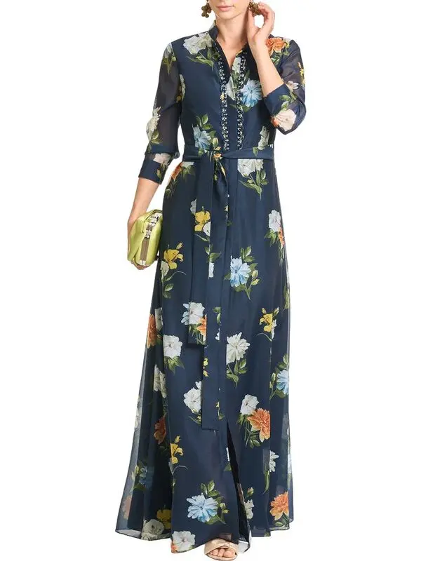 Sachin & Babi Addison Embellished Tie Waist Gown - Navy Wildlfowers