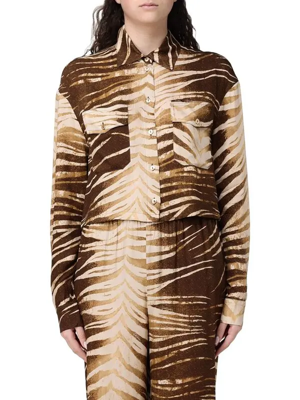Just Cavalli Linen Shirt With Animal Print - Brown