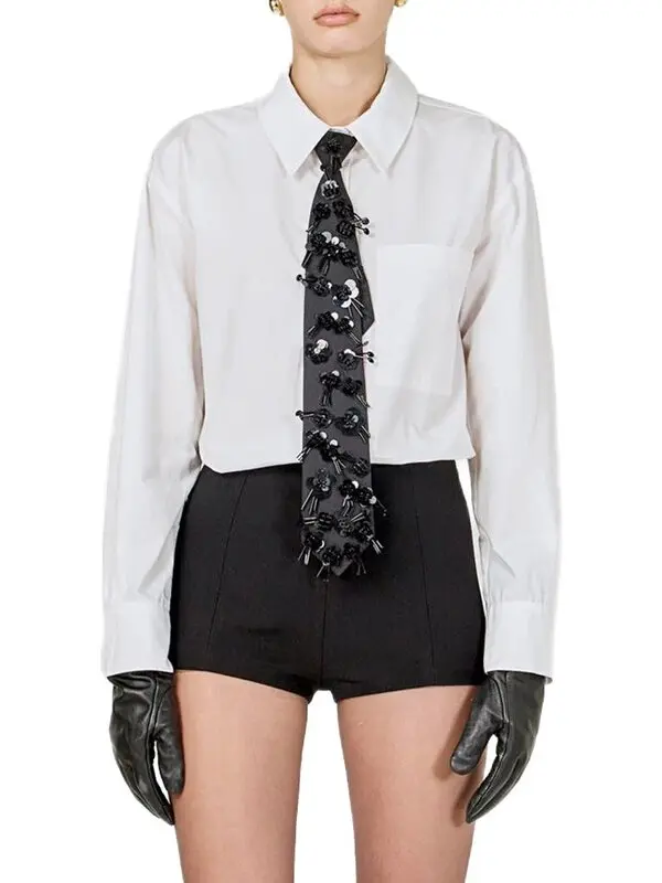 Endless Rose Detachable Sequin Tie Button-up Shirt - White