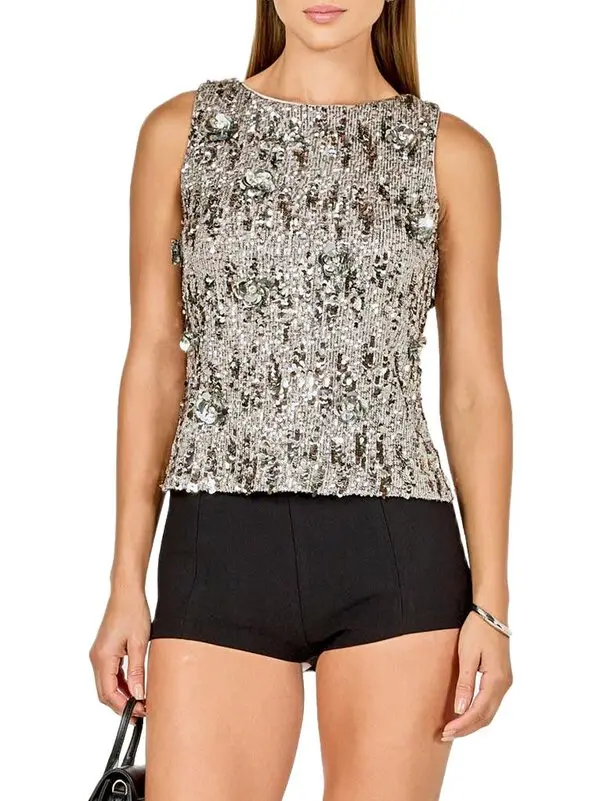Endless Rose Floral Appliqué Sequin Top - Silver/charcoal
