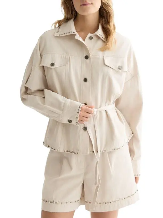 Scotch & Soda Embellished Belted Cotton Trucker Jacket - Fog
