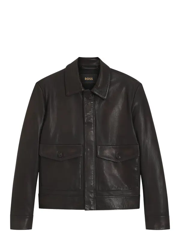 BOSS Calf Leather Aviator Jacket - Brown