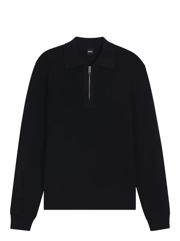 BOSS Virgin Wool Zip-up Polo Sweater - Blue