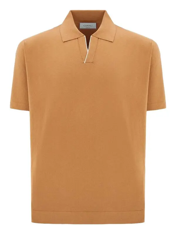Canali Caramel Cotton And Silk Polo Shirt With Contrasting Piping - Brown