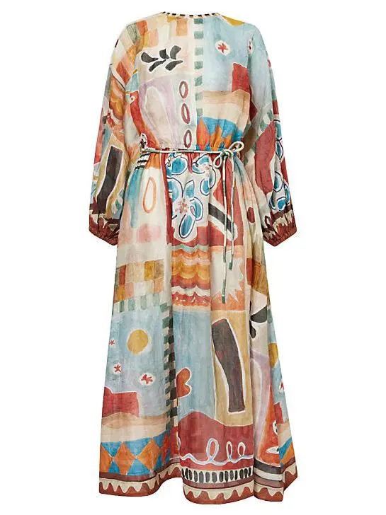 ALEMAIS Michelle Belted Ramie Midi Dress - Multi